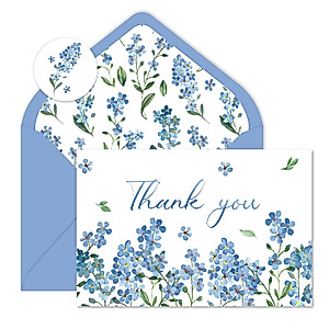 Whaline 24 Pack Watercolor Floral Thank You Cards Bulk Forget-Me-Not Myosotis Sylvatica Flower Greeting Cards with Envelope Sticker Blank Note Cards for Wedding Baby Shower Bridal Birthday Party