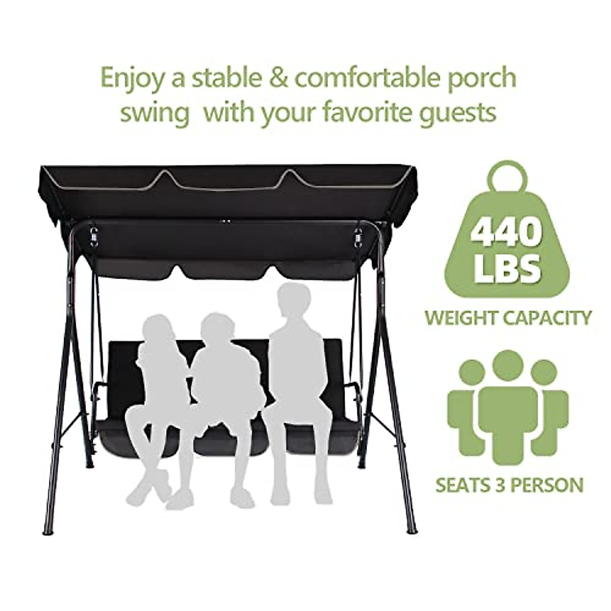 Funny Sunny 3 Seat Porch Swing Chair with Canopy - Outdoor Patio Swings with Adjustable Canopy and Removable Cushion, Durable Steel Frame Swing Best for Patio, Garden, Yard, Black