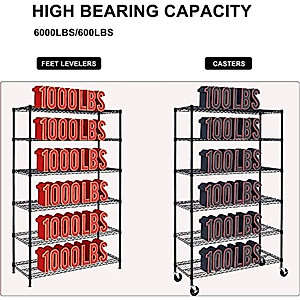 Heavy Duty 6 Tier Wire Shelving Unit Adjustable Storage Rack on Wheels 6000 Lbs Weight Capacity Metal Shelves Space Saving Wire Shelf Multifunctional Garage Shelving for Commercial Storage, Black