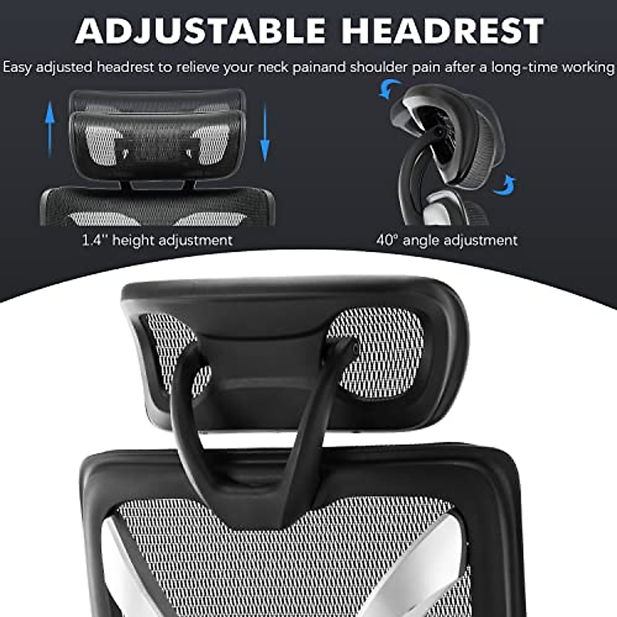 Multifunctional Big and Tall Mesh Office Chair - Adjustable Backrest Height, 4D Arms, Lumbar Support, Headrest and Tilt Angle - Metal Base Quiet Rubber Wheels Ergonomic High Back Computer Desk Chair