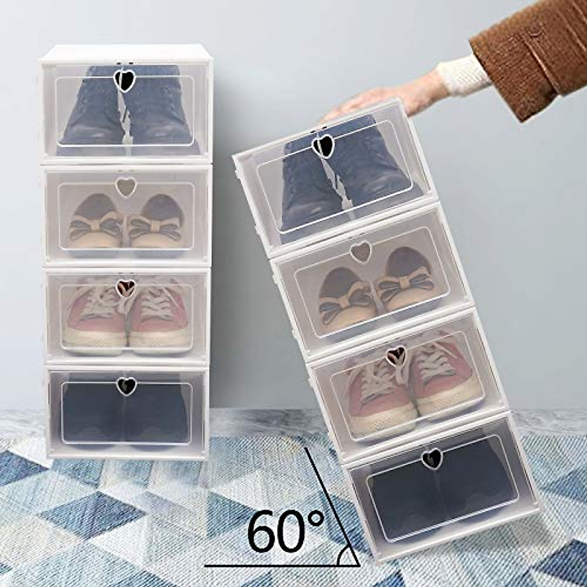 GDAE10 20pcs White Clear Shoe Boxes Stackable, Plastic Boxes with Flip Cover Lids Heart Hole Foldable Storage Men Women Large Organizer Rack Bench Home Bedroom Cabinet Closet Office