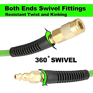 YOTOO Reinforced Polyurethane Air Hose 1/4" Inner Diameter by 100' Long, Flexible, Heavy Duty Air Compressor Hose with Bend Restrictor, 1/4" Swivel Industrial Quick Coupler and Plug, Green