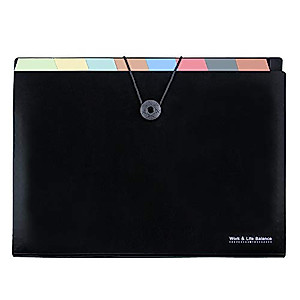 Uquelic 8 Pockets Expanding File Folder - Plastic Black Accordion Document Storage Organiser A4 Letter Size Expandable File Jacket Filing Wallets with Label (Black)