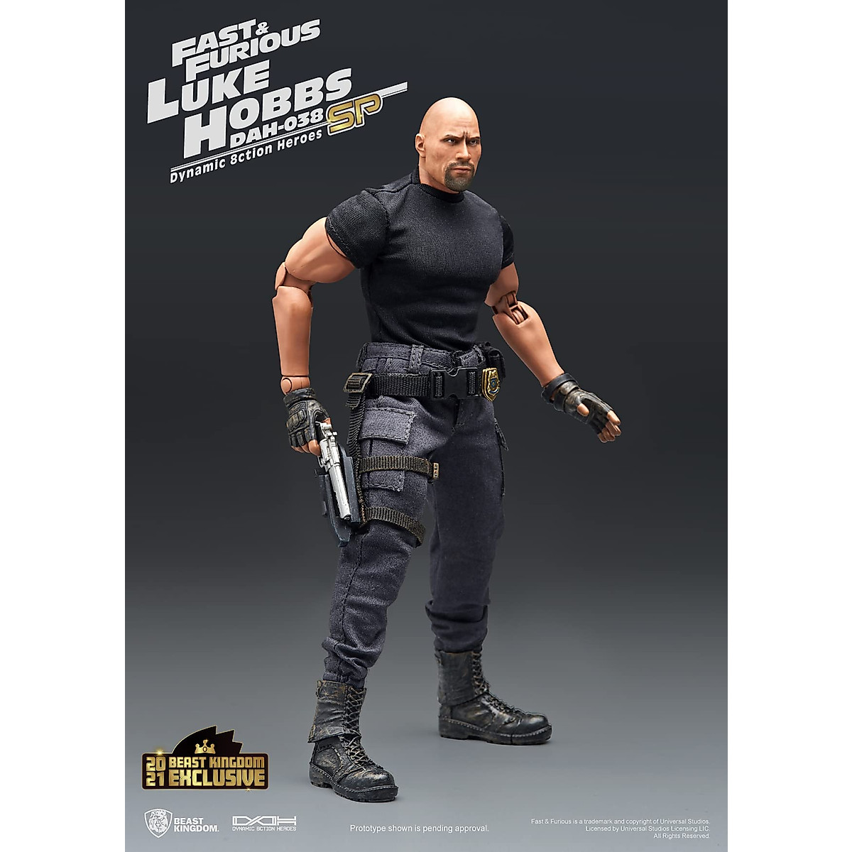 The Rock Action Figure As Luke Hobbs Limited Edition Fast and Furious - Model DAH-03 Fabric Clothing - Heavy Machine Gun, Ammo Box, Pistol, 4 Hands - Merchandise by Beast Kingdom