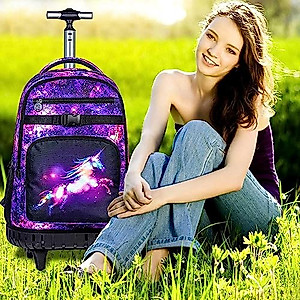 UFNDC 3PCS Rolling Backpack for Women, Adults Unicorn Backpacks with Wheels for Girls，Travel Roller Wheeled Bookbag
