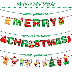cobee Merry Christmas Banner, Xmas Signs Hanging Banner Plaid Red Green Garland with Cartoon Christmas Tree Santa and Sock Snowman Ornaments for Home Wall Fireplace Party Supplies