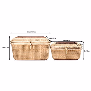 Teng Tian Nantucket baskets Rectangular Handwoven rattan Storage Basket Set with Lid for Shelves and Home Organizer Bins (2-Size Kit)
