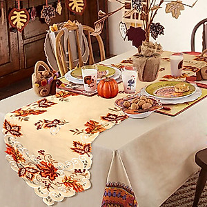 OurWarm Thanksgiving Table Runner, Handmade Embroidered Maple Leaves Fall Table Runner 67 Inches Long for Autumn Harvest Thanksgiving Table Decorations,15 x 67 Inch