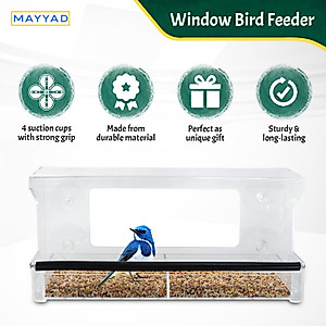 MAYYAD Large Window Bird Feeders for Viewing – Four Strong Suction Cup Bird Feeder Window for Outside - Drainage Holes, Detachable Large Seed Tray, and Rubber Perch for Wild Birds