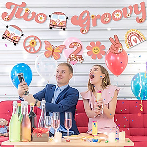 11Pcs Groovy Party Decorations, 2Pcs Two Groovy Banner 1PC Cake Toppers 8Pcs Hippie Party Cupcake Toppers Smile Daisy Flower Victory Peace Love Toppers for Baby Shower 2nd Birthday 70s Theme Boho