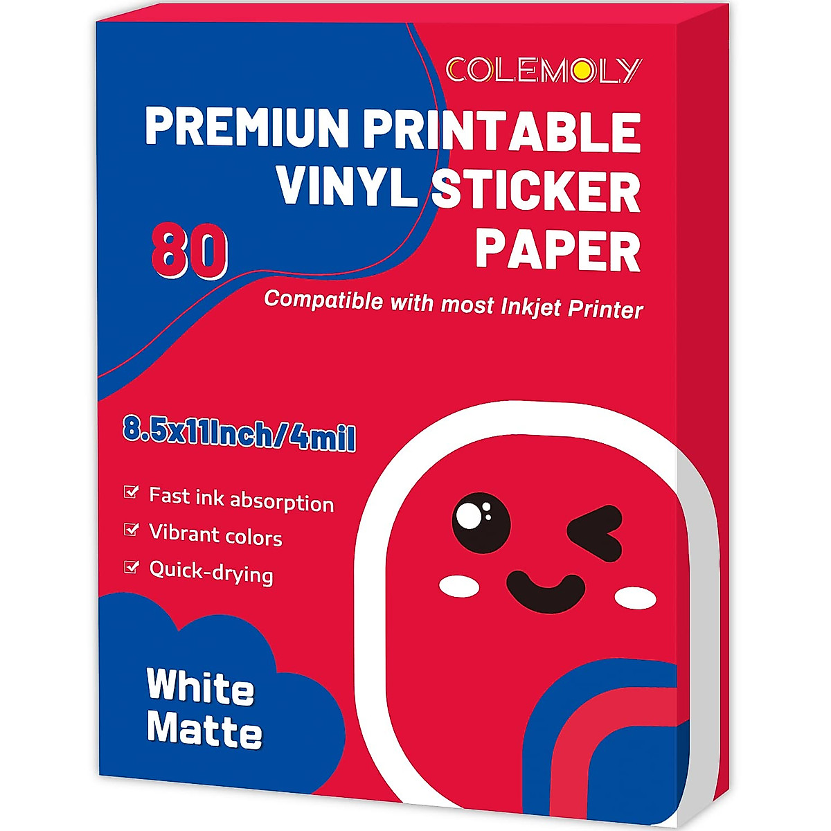 Sticker Paper Printable Vinyl for Inkjet Printer 80 Matte and 80 Glossy Quick Drying Waterproof Decals Self-Adhesive Tear resistance Non-residue Label Vivid Color Letter 8.5x11 In for Craft Laser
