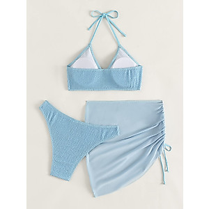 MakeMeChic Women's 3 Piece Bathing Suits Halter Ring Bikini Set with Cover Up Skirt Light Blue S