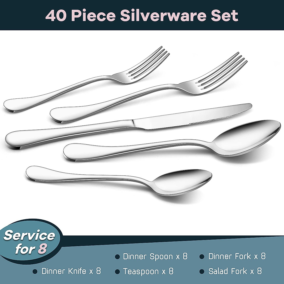 40-Piece Silverware Set for 8, E-far 18/10 Stainless Steel Flatware Cutlery Metal Eating Utensil Tableware Forks and Spoon Sets for Restaurant Wedding - Simple Fancy Style & Dishwasher Safe