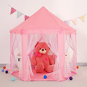 LimitlessFunN Hexagon Princess Play Tent | Includes Star Lights & Carrying Case |, Children Large Indoor Castle Playhouse for Girls, Toddlers, 55" D x 55" W x 53" H
