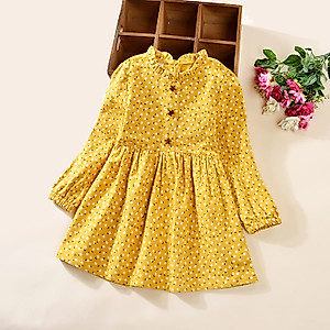 VINUOKER Toddler Baby Girls Floral Dress Long Sleeve Cotton Dress Fall Winter Midi Dress Little Girl Dress 2-7 Years Yellow
