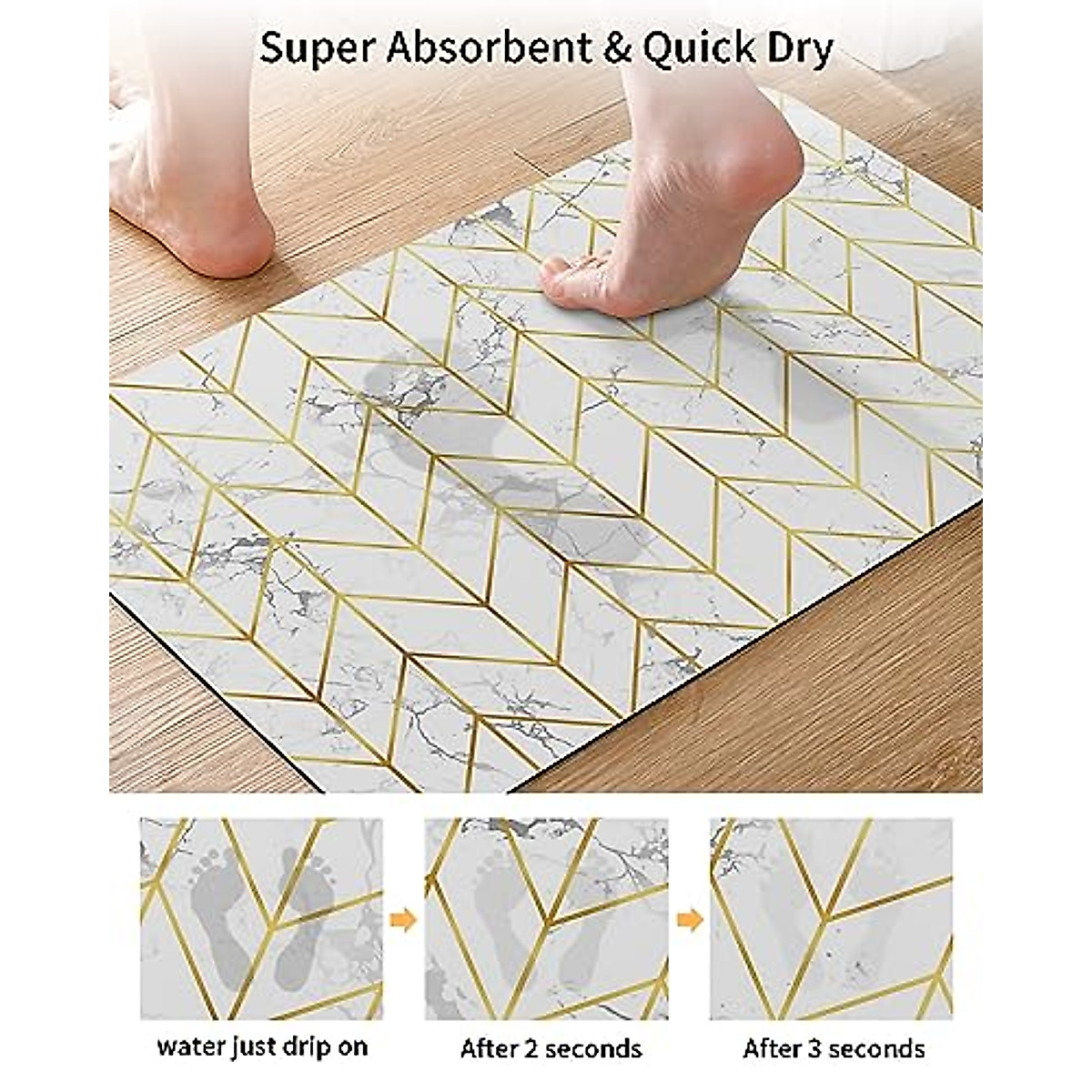 Gogobebe Super Absorbent Diatom Mud Mat Abstract Yellow Geometric Chevron Marble Texture Quick-Drying Thin Bath Mat Non-Slip Bathtub Mat Anti-Skid Rubber Bathroom Shower Mat 16x24in