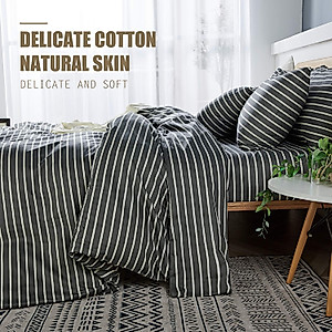 JELLYMONI 100% Natural Cotton 3pcs Striped Duvet Cover Sets, Dark Grey Duvet Cover with White Stripes Pattern Printed Comforter Cover, with Zipper Closure & Corner Ties(King Size)