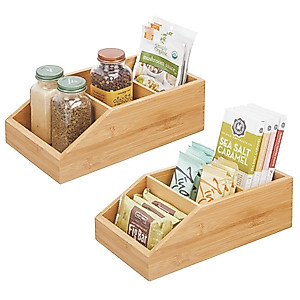 mDesign Bamboo Wood Food Storage Bin with Divided 3 Compartments and Sloped Front for Kitchen Cabinet, Pantry, Shelf to Organize Seasoning Packets, Powder Mixes, Spices, Snacks - 2 Pack - Natural