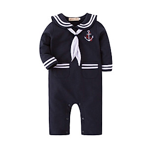 XM Nyan May's Baby Boys Nautical Sailor Navy Long Sleeve Jumpsuit and Hat