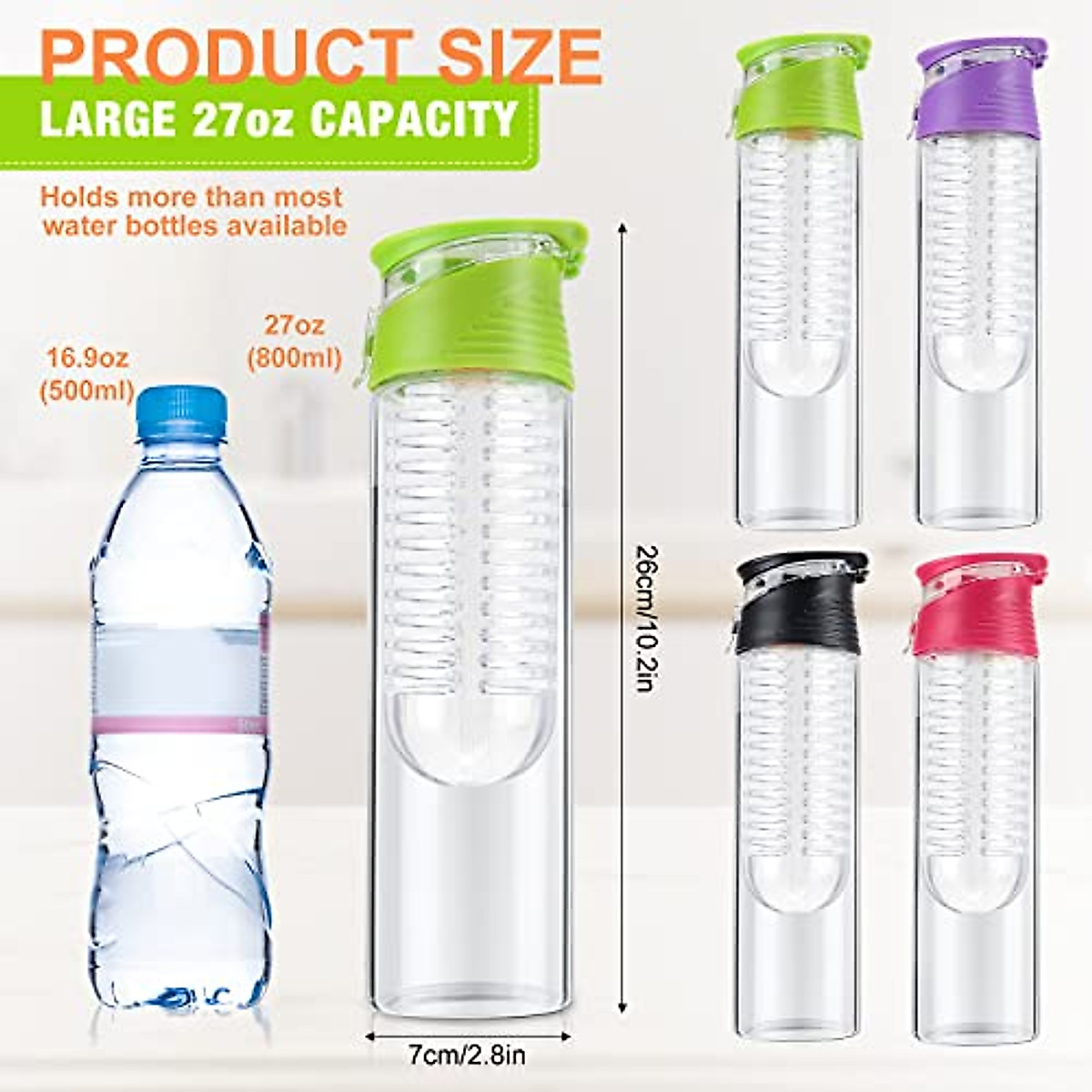 Lallisa 4 Pieces 28 oz Fruit Infuser Water Bottle Leakproof Water Infuser Bottle Large Capacity Plastic Infused Water Bottles for Women Men Gym Bike Camping Travel Tea Drink Gift, Multicolor