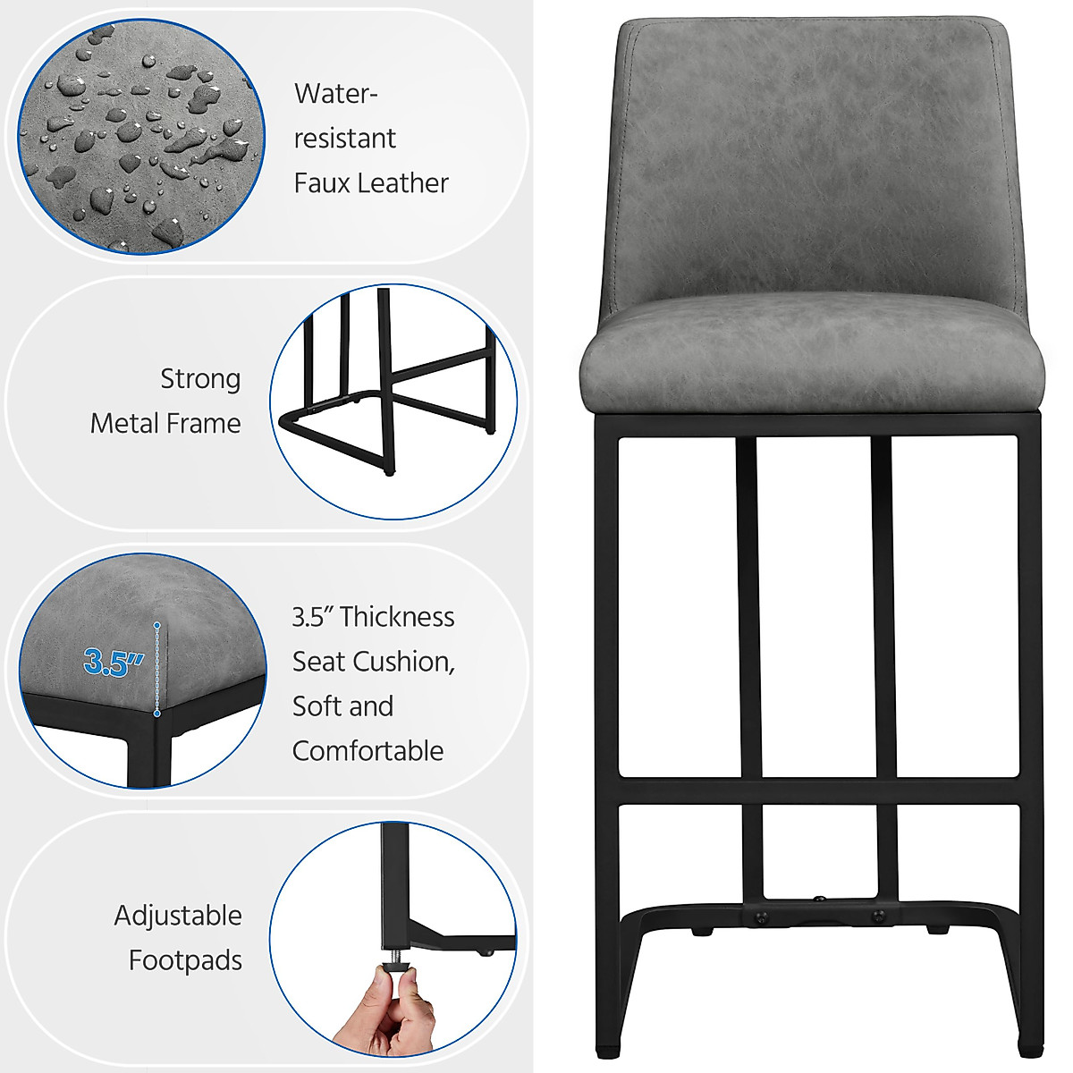 Yaheetech Counter Height Bar Stools 24'' Bar Stools Set of 2 Leather Bar Chairs Modern Upholstered Barstools with Back for Kitchen Counter Gray