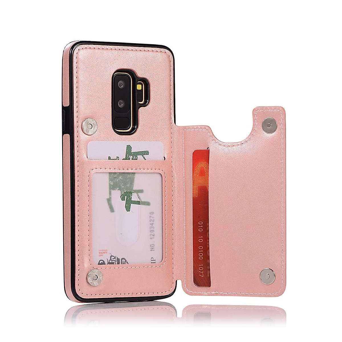 Phone Case for Samsung Galaxy S9 Plus with Tempered Glass Screen Protector and Card Holder Wallet Cover Stand Flip Leather Cell Accessories Glaxay S9+ 9S 9+ S 9 9plus S9plus Cases Women Rose Gold