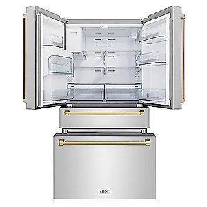 ZLINE 36" Autograph Edition 21.6 cu. ft Freestanding French Door Refrigerator with Water and Ice Dispenser in Fingerprint Resistant Stainless Steel with Champagne Bronze Accents (RFMZ-W-36-CB)