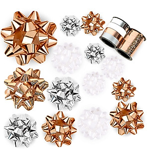 WRAPAHOLIC 16 Pcs Gift Bows Assortment - 14 Multi Colored Assorted Size Gift Bows (Rose Gold, Silver, White) and 2 Crimped Curling Ribbons, Perfect for Christmas, Holiday, Party