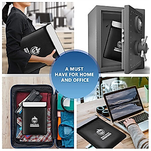 Upgraded Two Pockets Fireproof Document Bag (2000℉), andyer 15”x 11”Waterproof Fireproof Money Bag with Zipper, Waterproof Holder Pouch Fire Safe Bag for Valuables, Legal Documents (Jet Black)