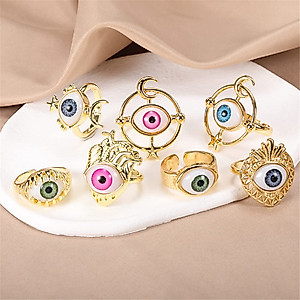 Turkish Blue Evil Eye Open Ring Adjustable 18K Gold Plating Lucky Band For Women Friendship Boho Jewelry Gifts (Style E)