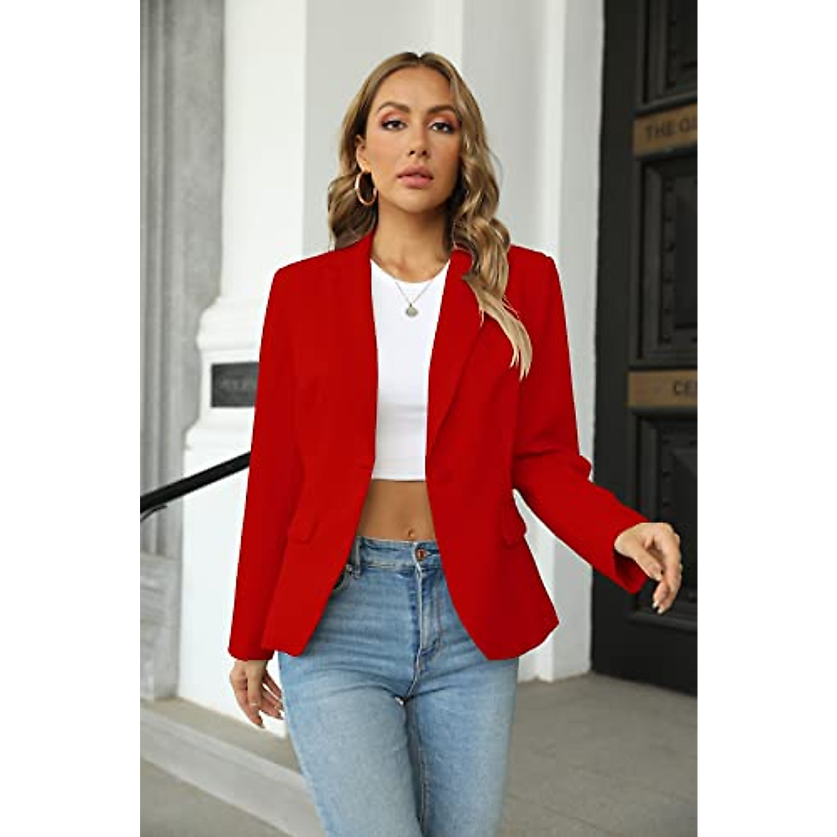 Womens Casual Blazers Long Sleeve Lapel Button Slim Work Office Blazer Jacket(Red,Large)
