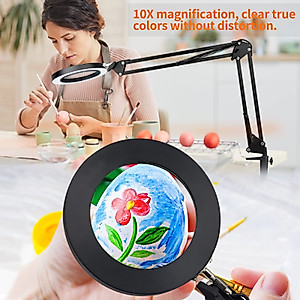 10X Magnifying Glass with Light, KUVRS 2-in-1Anti-Tipping Base & Clamp Magnifying Lamp, 3 Color Modes Stepless Dimmable, Adjustable Swing Arm Lighted Magnifying Glass for Hobby, Soldering, Close Work
