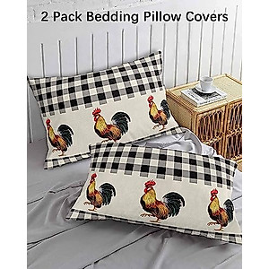 Edwiinsa Farm Rooster Pillow Covers Standard Size Set of 2 20x26 Bed Pillow, Farmhouse Animals Rustic Black White Plaid Plush Soft Comfort for Hair/Skin Cooling Pillowcases with Envelop Closure