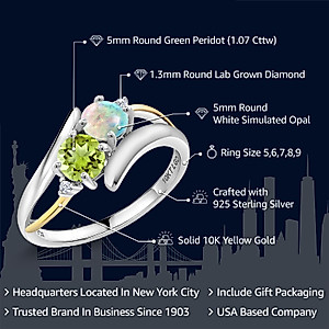 925 Sterling Silver and 10K Yellow Gold Round Cabochon White Simulated Opal Green Peridot and Lab Grown Diamond 2 Stone Crossover Ring For Women (1.07 Cttw, Available 5,6,7,8,9) (Size 6)