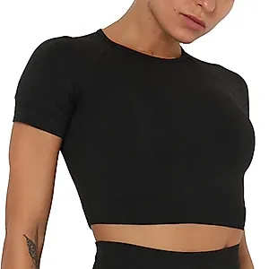 Lu's Chic Women's Sports Crop Tank Tops Knit Short Sleeve Shirts Slim Fit Activewear Knitted Cropped Yoga Workout Sports Running Crew Neck Gym Tshirts Black Small