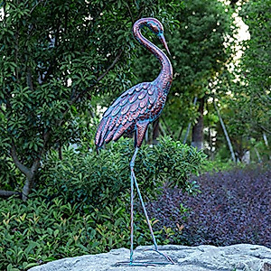 Kircust Garden Statues Patina Heron Decoy, Standing Metal Crane Sculpture for Outdoor Patio Lawn Pond Decoration, 47-Inch Tall (1PC)