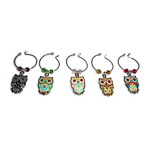 Wine Charms ~ Multi Color Owl Wine Charms Set of 5 Style 1