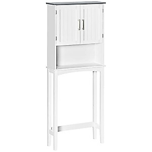 kleankin Modern Over The Toilet Storage Cabinet, Double Door Over Toilet Bathroom Organizer with Adjustable Shelf and Open Shelf, Grey