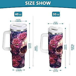 Slewiaeky Tumbler with Handle 40 oz Kawaii Goth Skull Rose Travel Mug with Lid and Straw Stainless Steel Vacuum Insulated Water Bottle Cup for Iced Tea Coffee Cold Beverages Cup Holder Friendly