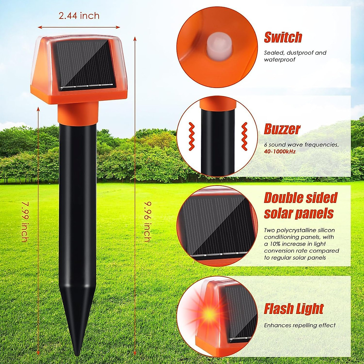 2024 Solar Mole Repellent Stakes, 4 Pack Ultrasonic Animal Repellent Outdoor with Flash Light for Mole Groundhog Vole Gopher Snake Armadillo, Waterproof Sonic Burrowing Mole Deterrent for Lawn Yard