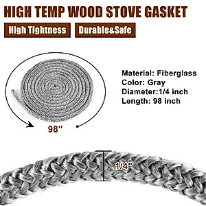 Wood Stove Gasket,1/4" Wood Stove Door Replacement Gasket,Gasket Rope Replacement for Stove or Woodburning Stoves Fireplace Doors,Fiberglass Gaskets(1/4" x 98" Rope)
