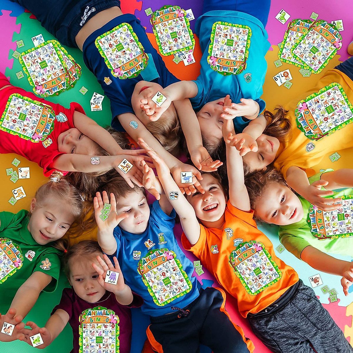 Animal Bingo Game for Kids Toddler Adults Family, Animal Bingo Cards Letter Recognition Jungle Safari Party Game with 24 Players & 40Pcs Punny Stickers for Party Favors Kindergarten Activity Supplies