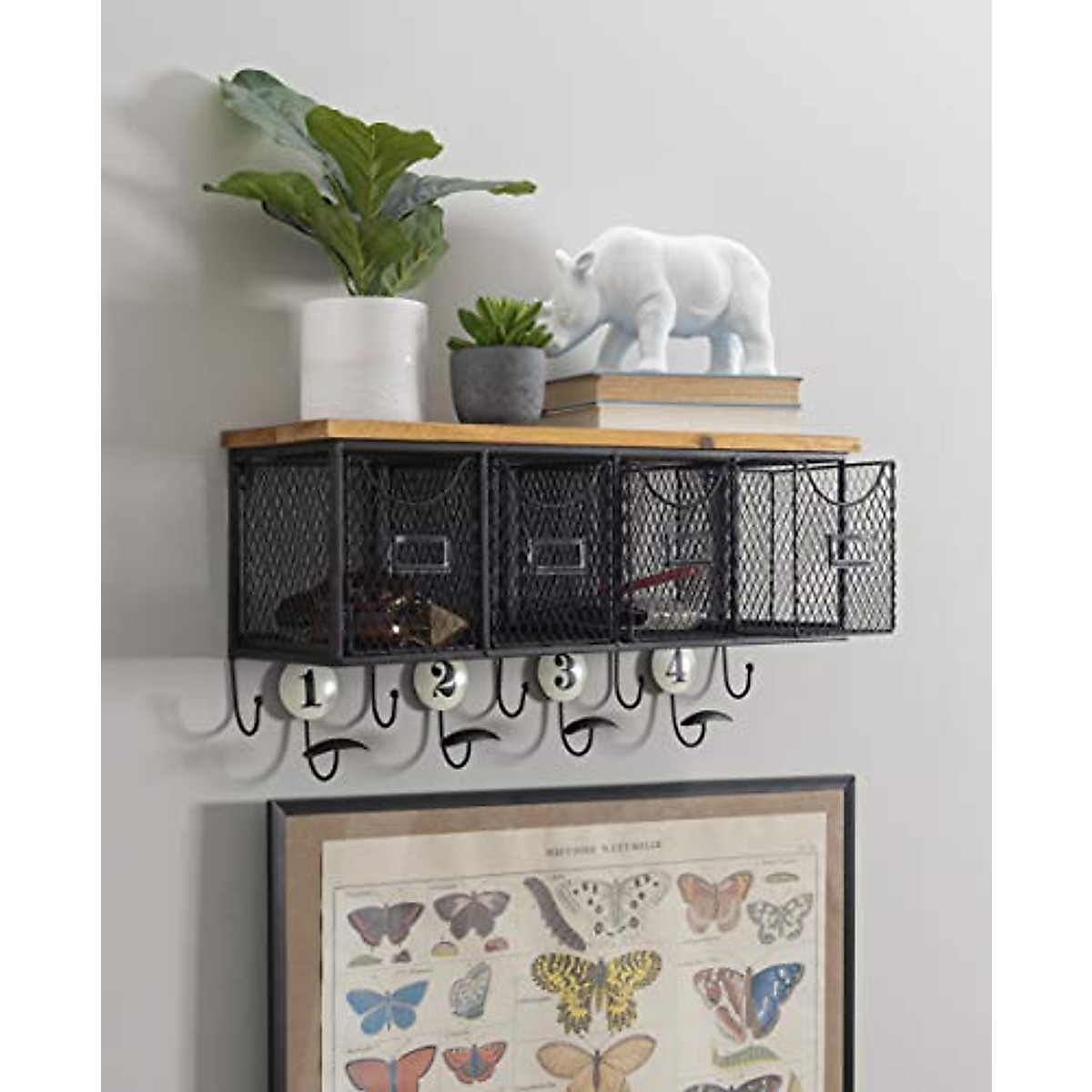 Linon 4-Basket Wall Organizer, 23.5" L x 7.25" W x 12.4" H, Brown, Black