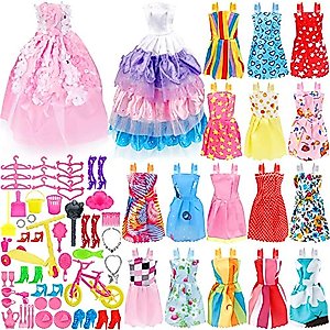 73Pcs Dolls Fashion Set for Dressing up Dolls, Included 18Pcs Wedding Party Outfits Clothes and 55Pcs Doll Accessories Shoes Bags Necklace Girls' Gifts