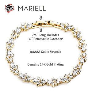 Mariell Gold Wedding and Bridal Cubic Zirconia Crystal Tennis Bracelet, Jewelry Gift for Women, Brides, Mother of The Bride, 7 1/4" Plus 1/2" Extender