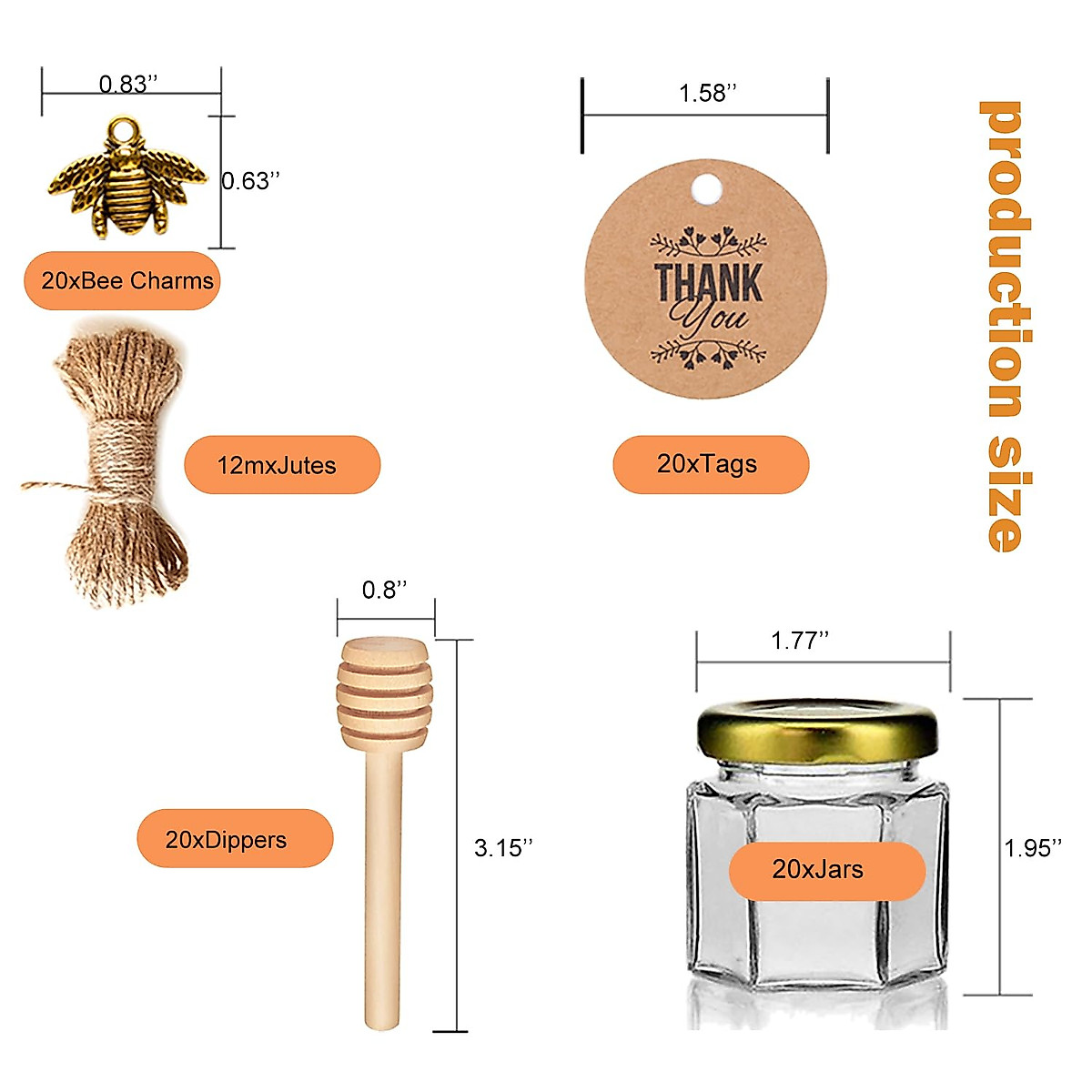 DnayDkiy 20 Pack Glass Honey Jars with Dipper - Gold Lids, Bee Pendants, Jutes, and Thank You Cards - Perfect for Baby Shower Favors, Wedding Favors, Party Favors