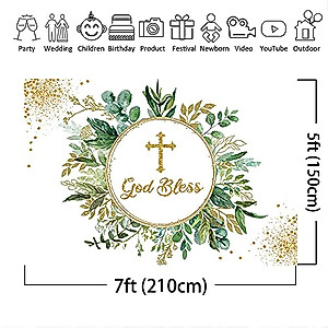 Mocsicka God Bless Backdrop First Communion Baptism Christening Party Decorations Vinyl Green Leaves Newborn Baby Shower Photography Background Photo Booth (7x5ft)