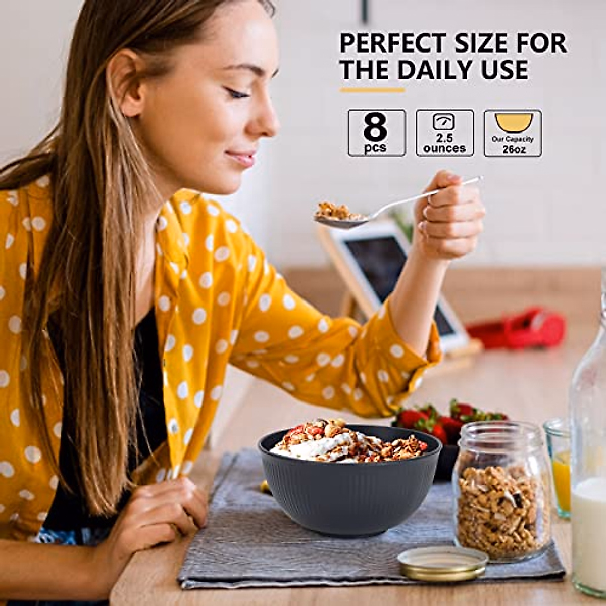 PYRMONT Cereal Bowl Set of 8-26 OZ Unbreakable Lightweight Bowls Set - Microwave and Dishwasher Safe Wheat Straw Bowls for Soup, Oatmeal, Pasta and Salad(Black Grey)