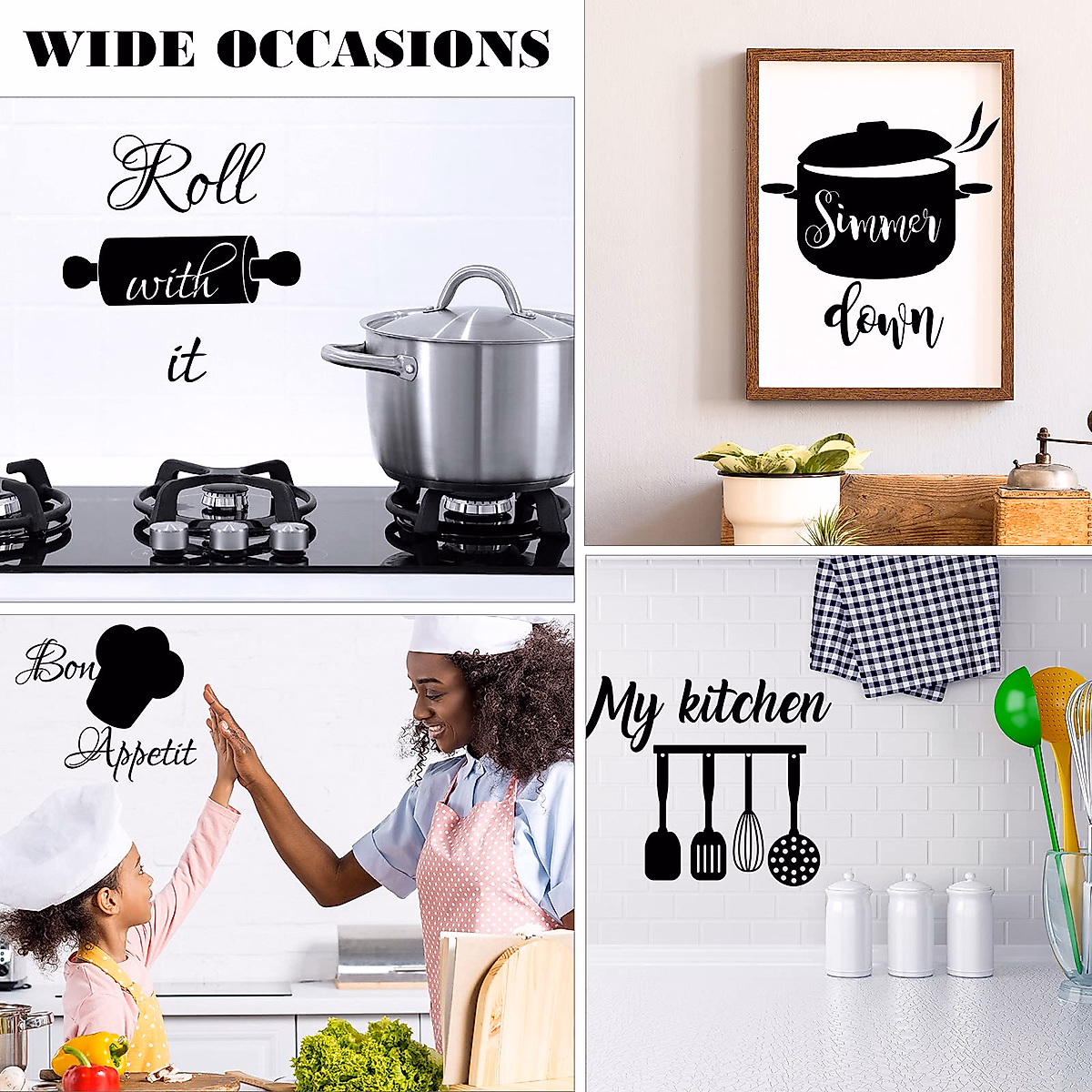 Seajan Kitchen Wall Stickers Kitchen Quotes Wall Decals with Funny Lettering Vinyl Fun Utensils Sticker Peel and Stick Wall Arts for Fridge Restaurant Bar Home Decoration (Black,Medium)