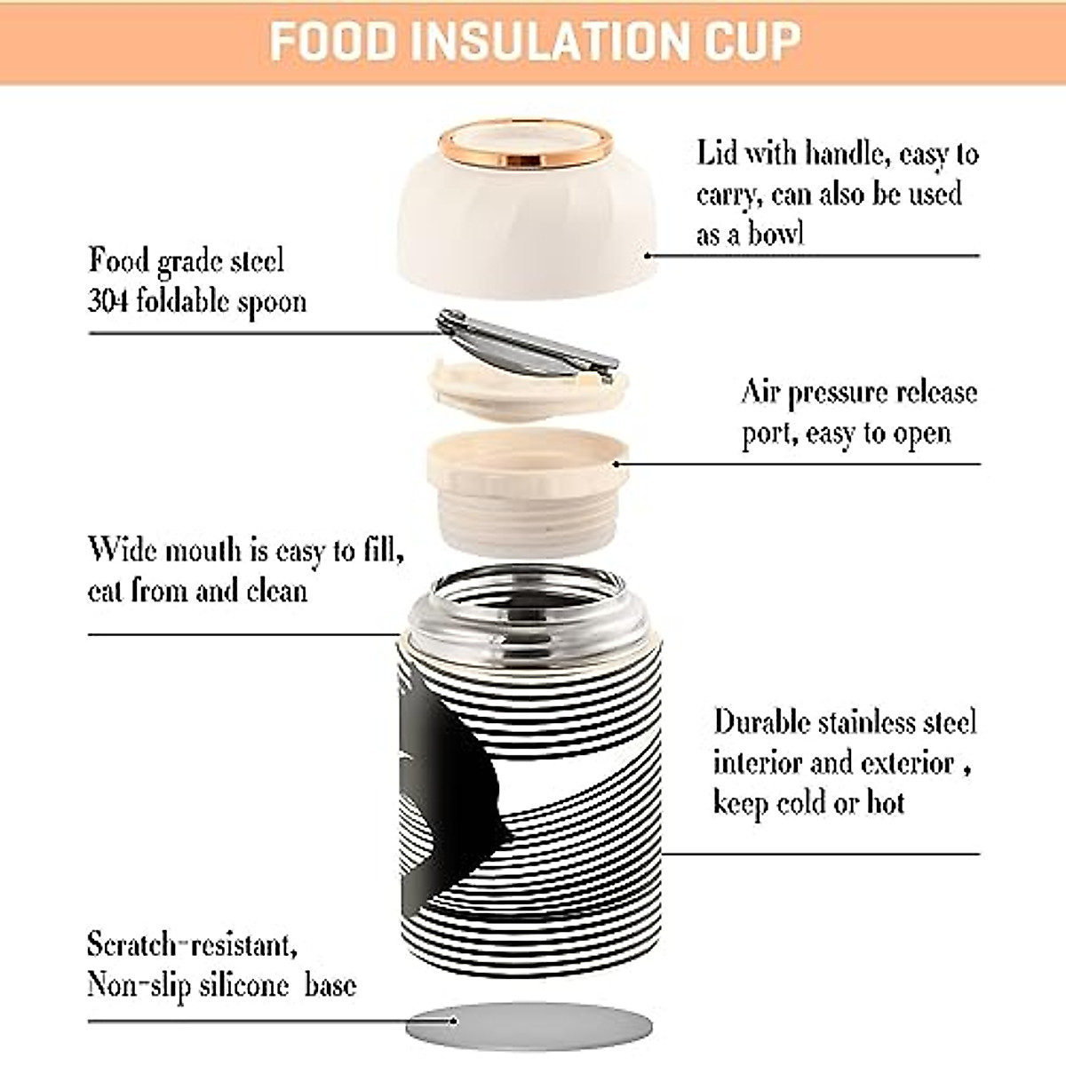 CUPADA Pop Art Cat Food Jar, Black White Stripe Insulated Hot Food Jars Vacuum 17OZ with Folding Spoon for Work Trip Picnic Camping